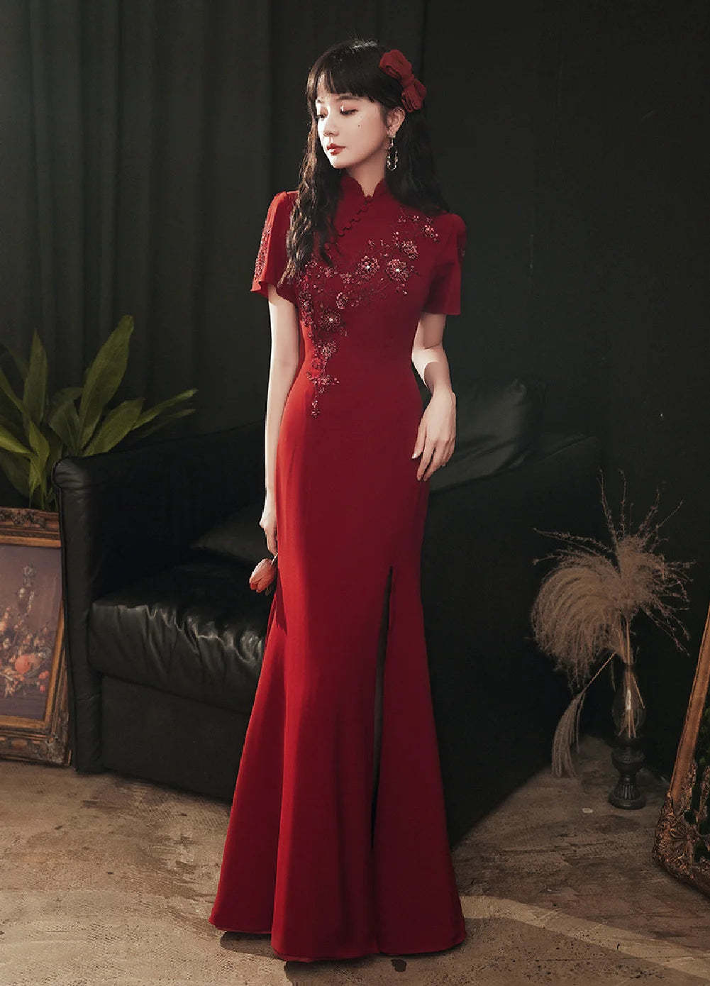 Dark Red Full-Length Qipao | Cheongsam Dress